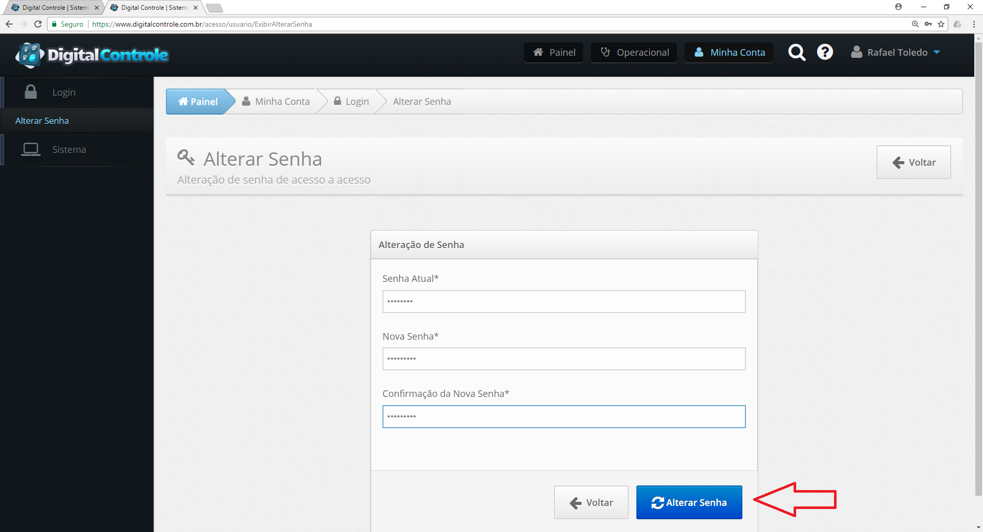 Onde altero a senha de acesso do meu login? | Digital Controle